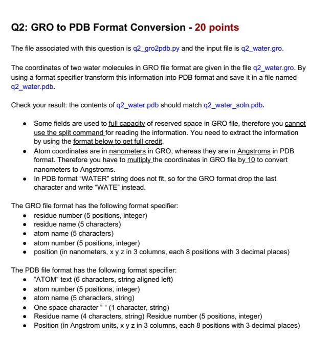 Q2: GRO to PDB Format Conversion - 20 points The file | Chegg.com