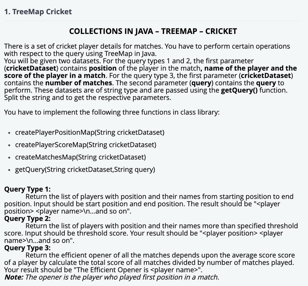 Solved 1. TreeMap Cricket COLLECTIONS IN JAVA - TREEMAP - | Chegg.com