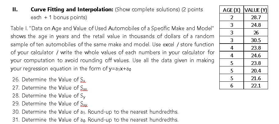 Solved II. Curve Fitting and Interpolation: (Show complete | Chegg.com