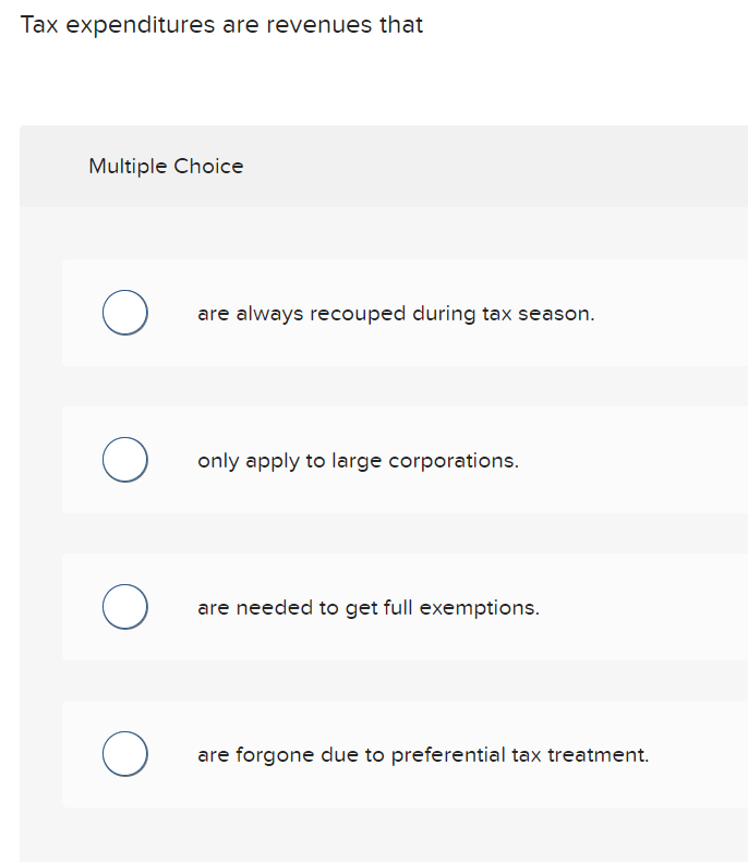 Solved Tax expenditures are revenues thatMultiple Choiceare | Chegg.com