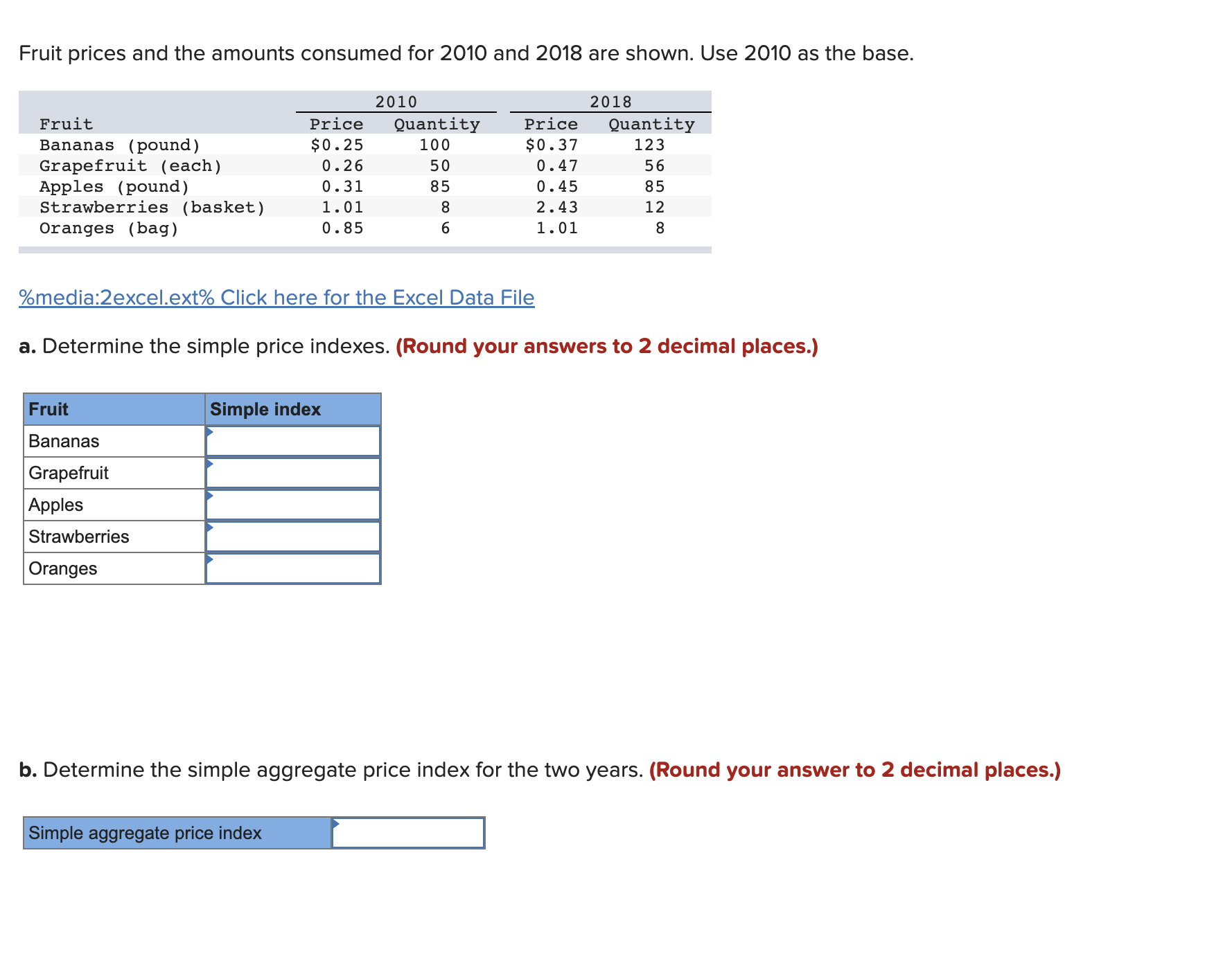 Solved Fruit prices and the amounts consumed for 2010 and | Chegg.com