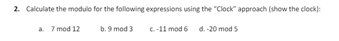 Solved Calculate the modulo for the following expressions | Chegg.com