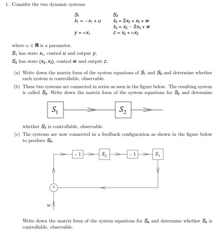 Solved 1. Consider the two dynamic systems S X = -X1 + U S2 | Chegg.com