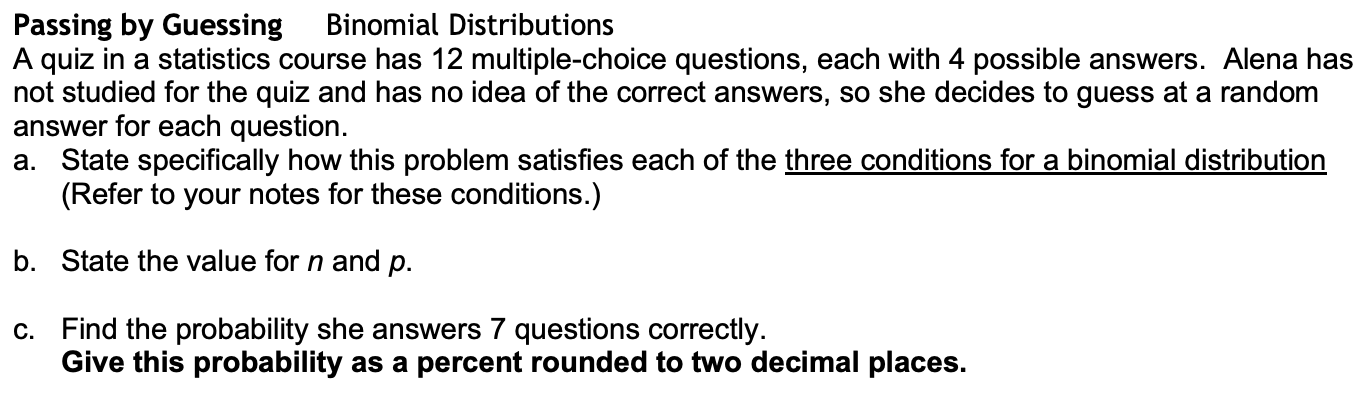 Solved Passing by Guessing Binomial Distributions A quiz in | Chegg.com