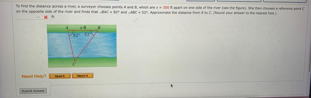 Solved To find the distance across a river, a surveyor | Chegg.com