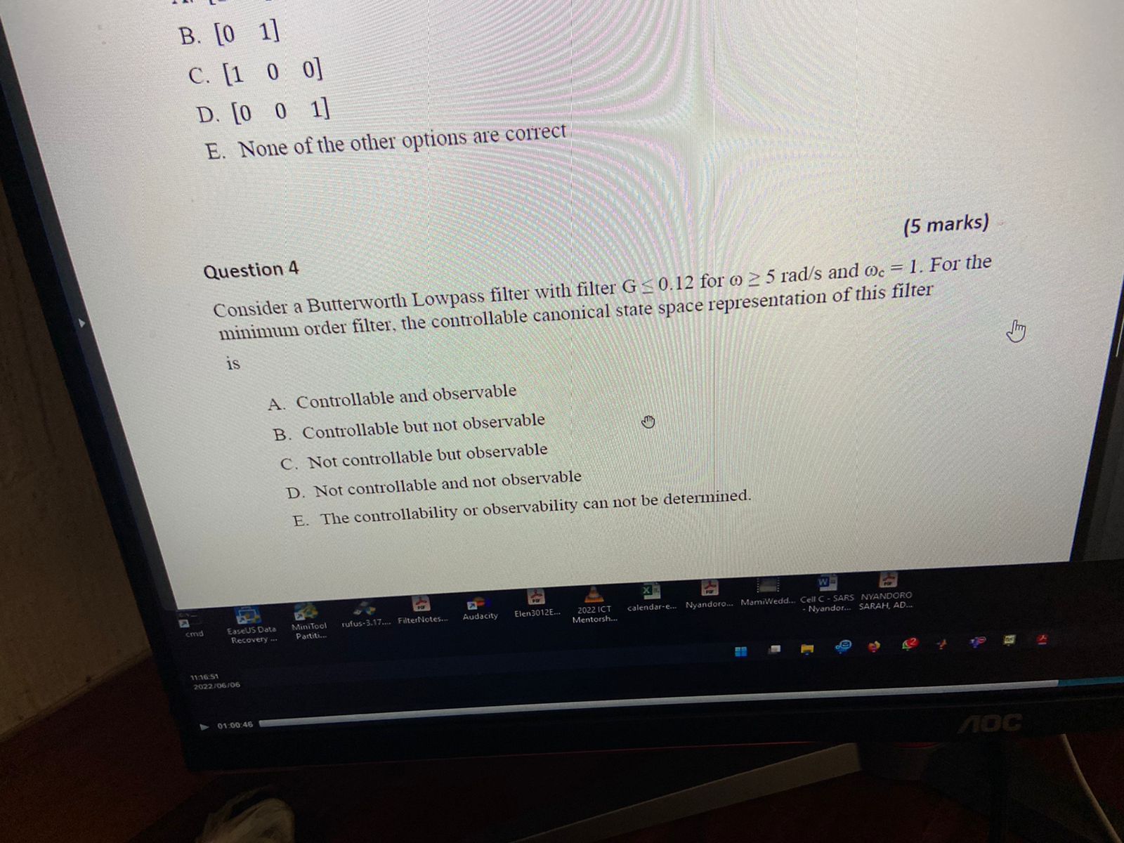Solved B. [01] C. [100] D. [001] E. None of the other | Chegg.com