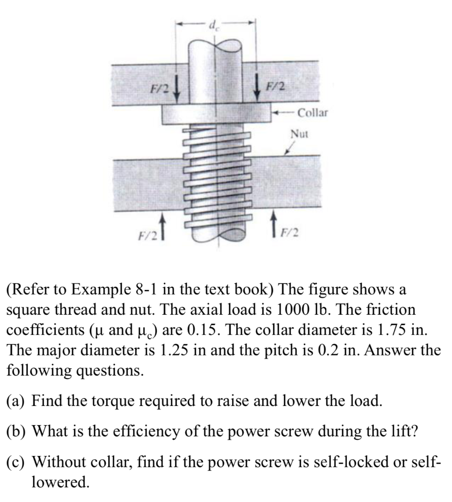 Solved F/2 F/2 1Collar Nut F/2 (Refer to Example 8-1 in the | Chegg.com