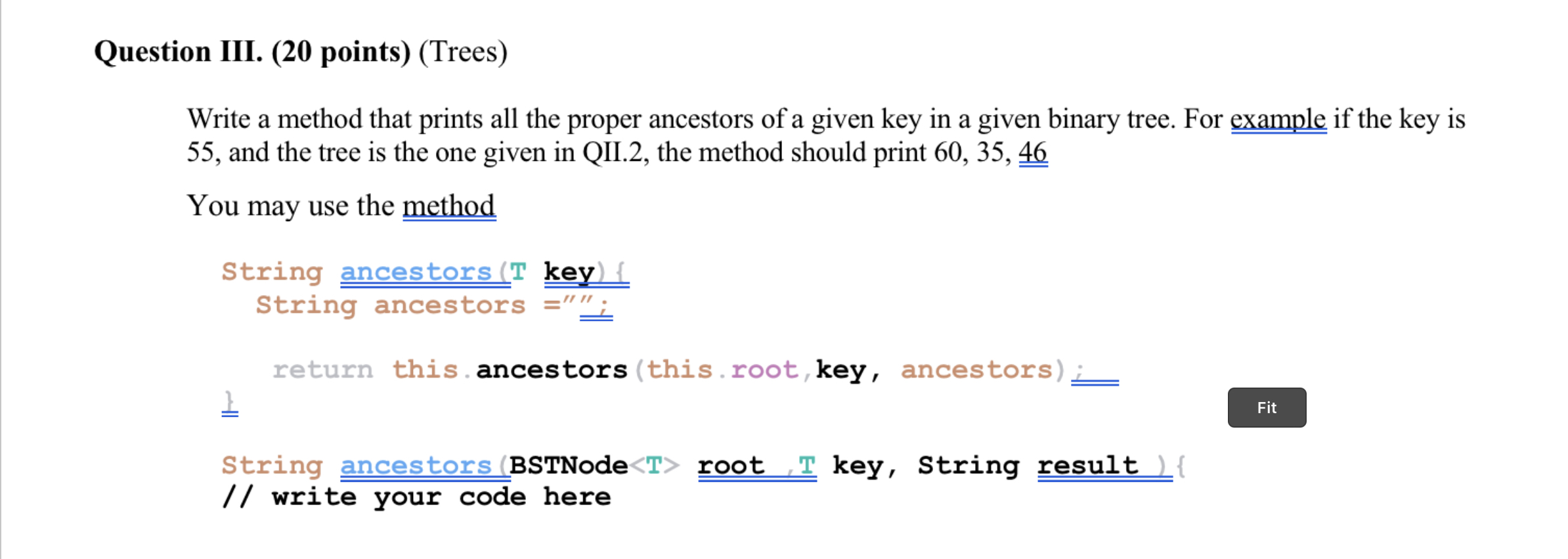Solved Question III. (20 ﻿points) (Trees)Write a method that | Chegg.com