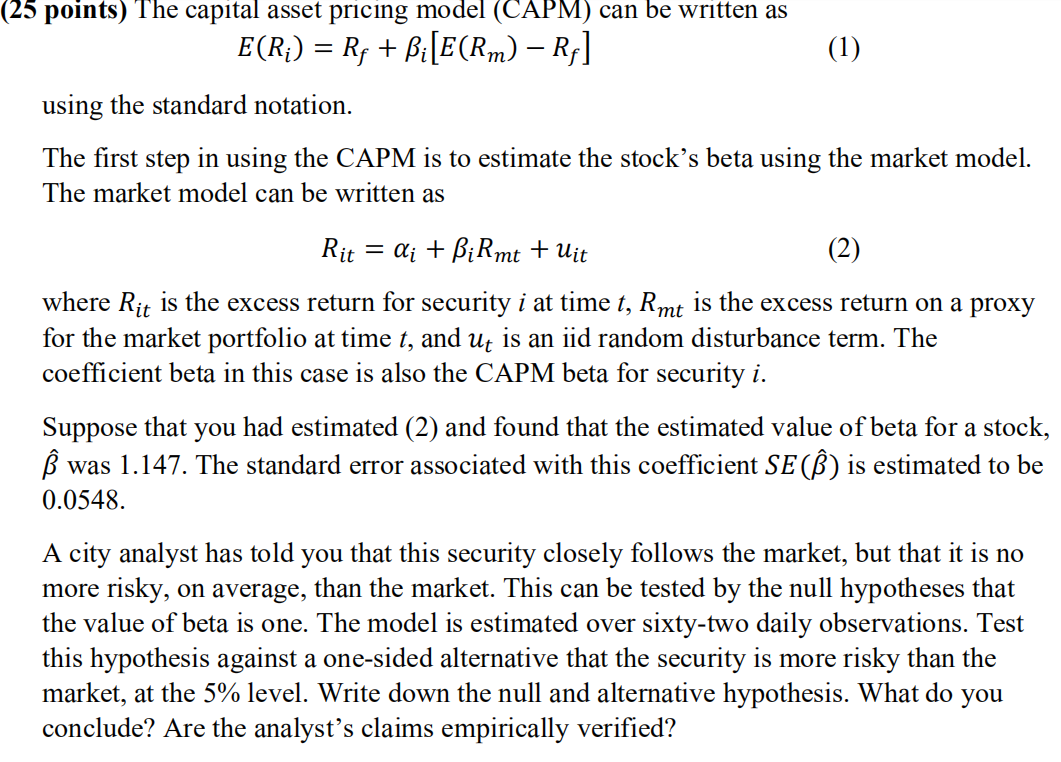 Solved (25 points) The capital asset pricing model (CAPM) | Chegg.com