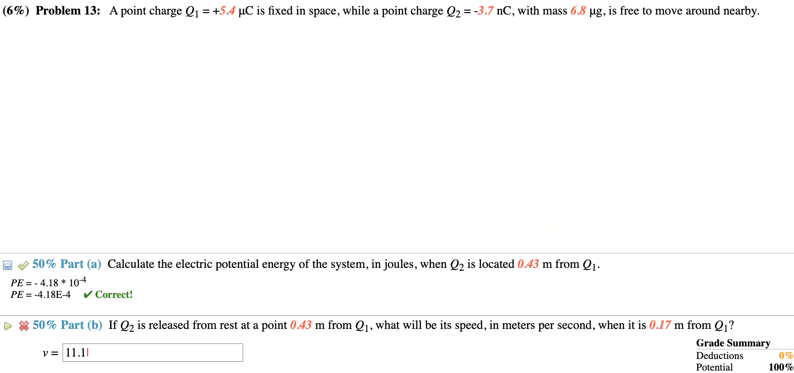 Solved 6\%) Problem 13: A point charge Q1=+5.4μC is fixed in | Chegg.com