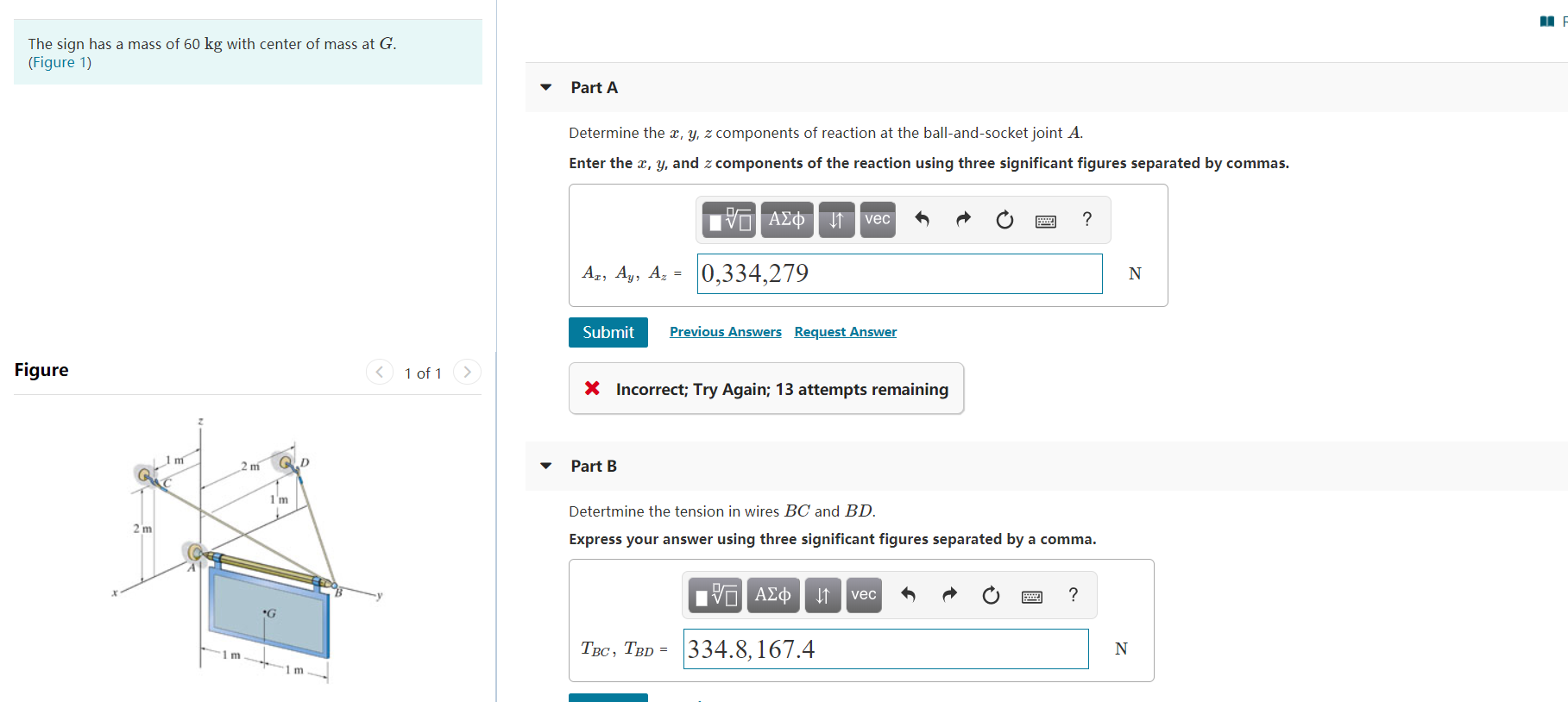 Solved The sign has a mass of 60 kg with center of mass at | Chegg.com
