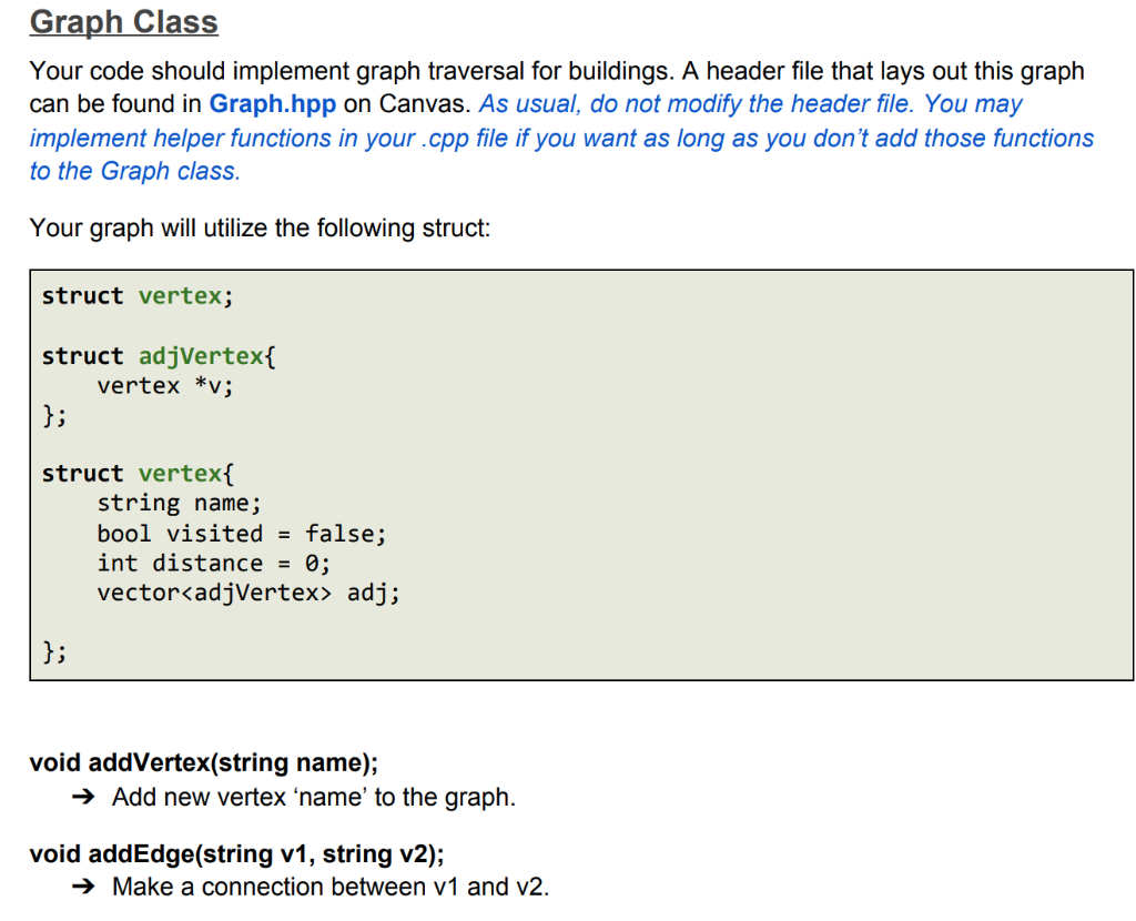 Graph Class Your code should implement graph | Chegg.com
