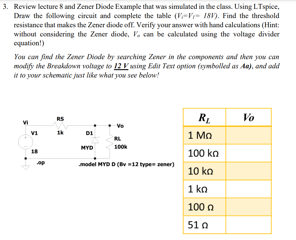 Solved Review lecture 8 ﻿and Zener Diode Example that was | Chegg.com