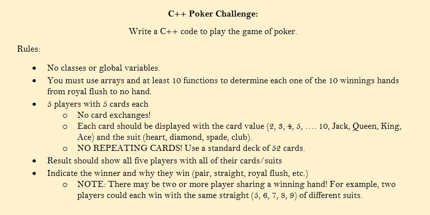Solved C++ Poker Challenge: Write a C++ code to play the | Chegg.com