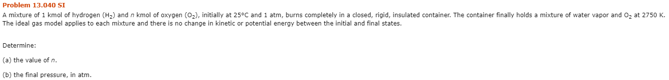 Solved Problem 13.040 SI A mixture of 1 kmol of hydrogen (H) | Chegg.com