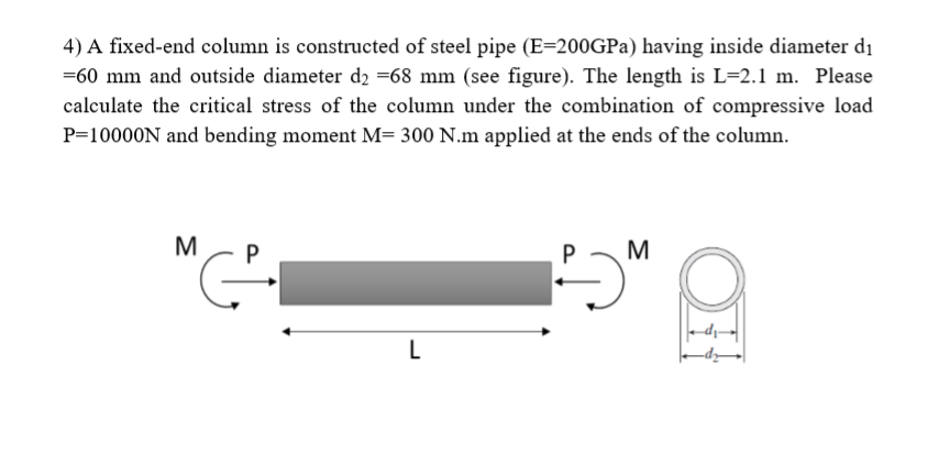 Solved 4) A fixed-end column is constructed of steel pipe | Chegg.com