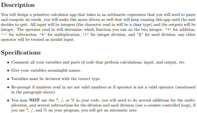 Solved Description You will design a primitive calculator | Chegg.com