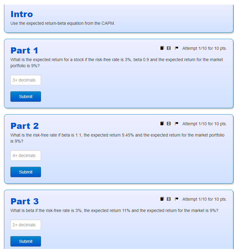 Solved Intro Use the expected return-beta equation from the | Chegg.com