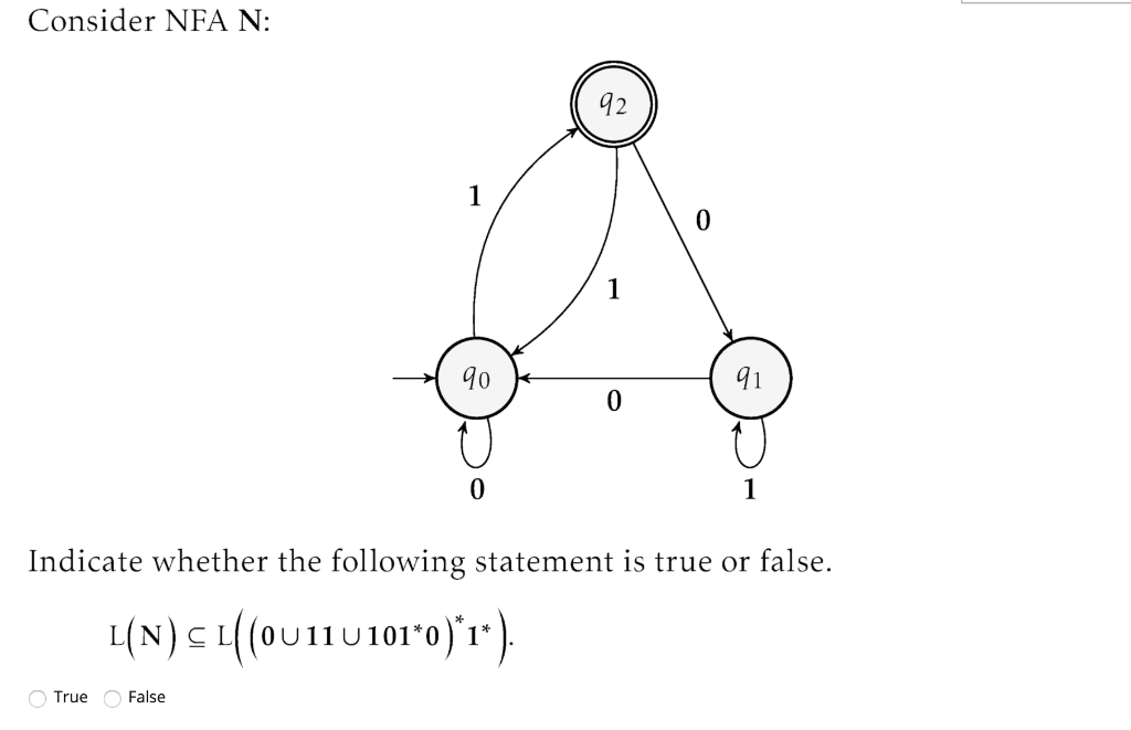 Solved Consider NFA N: 92 1 91 0 1 Indicate whether the | Chegg.com