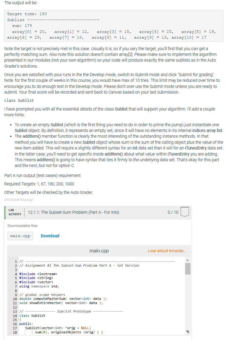 Solved 12.1 The Subset-Sum Problem (Part A - For ints) Parts | Chegg.com