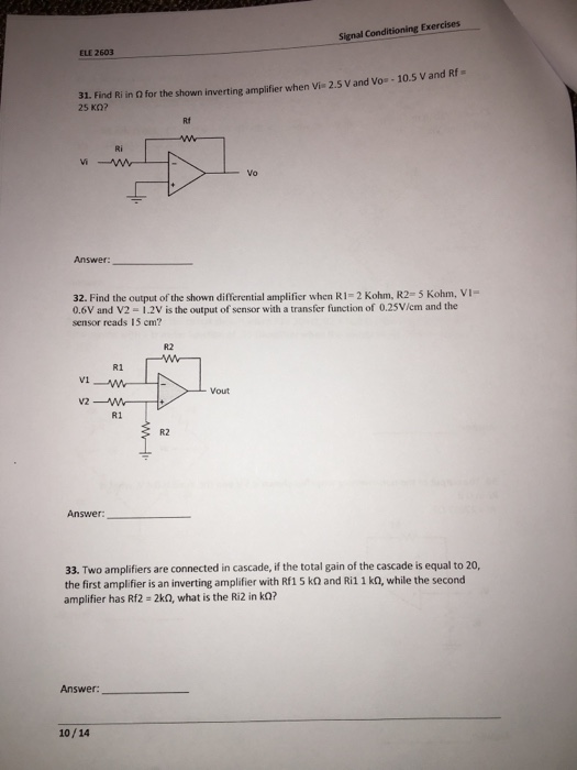 Solved Signal Conditioning Exercises ELE 2603 31. Find Ri in | Chegg.com