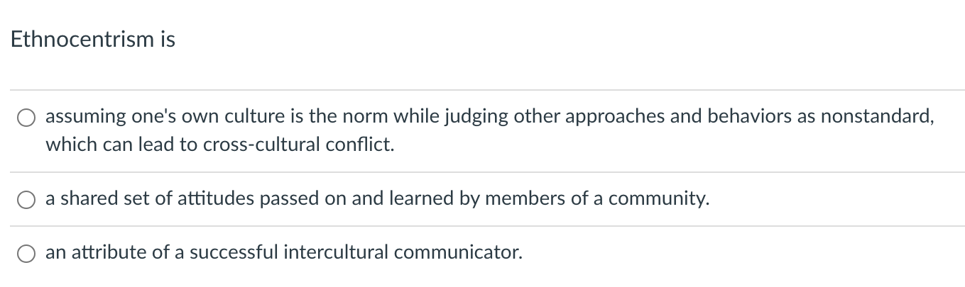 Ethnocentrism is assuming one's own culture is the | Chegg.com