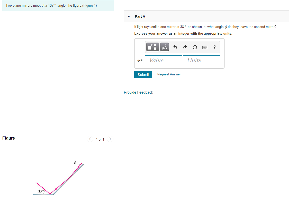Solved Two plane mirrors meet at a 137° angle, the figure | Chegg.com