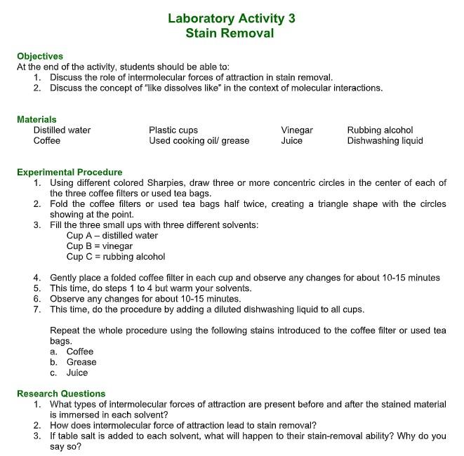 Solved Laboratory Activity 3 Stain Removal Objectives At the | Chegg.com