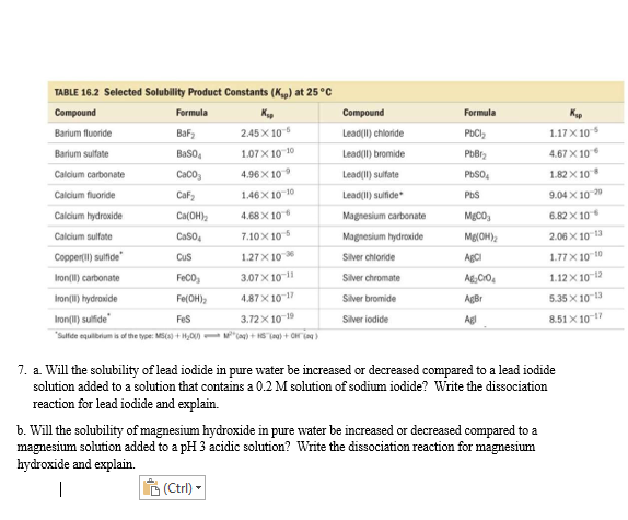 Solved Formula PbC, Pber PbSO4 TABLE 16.2 Selected | Chegg.com