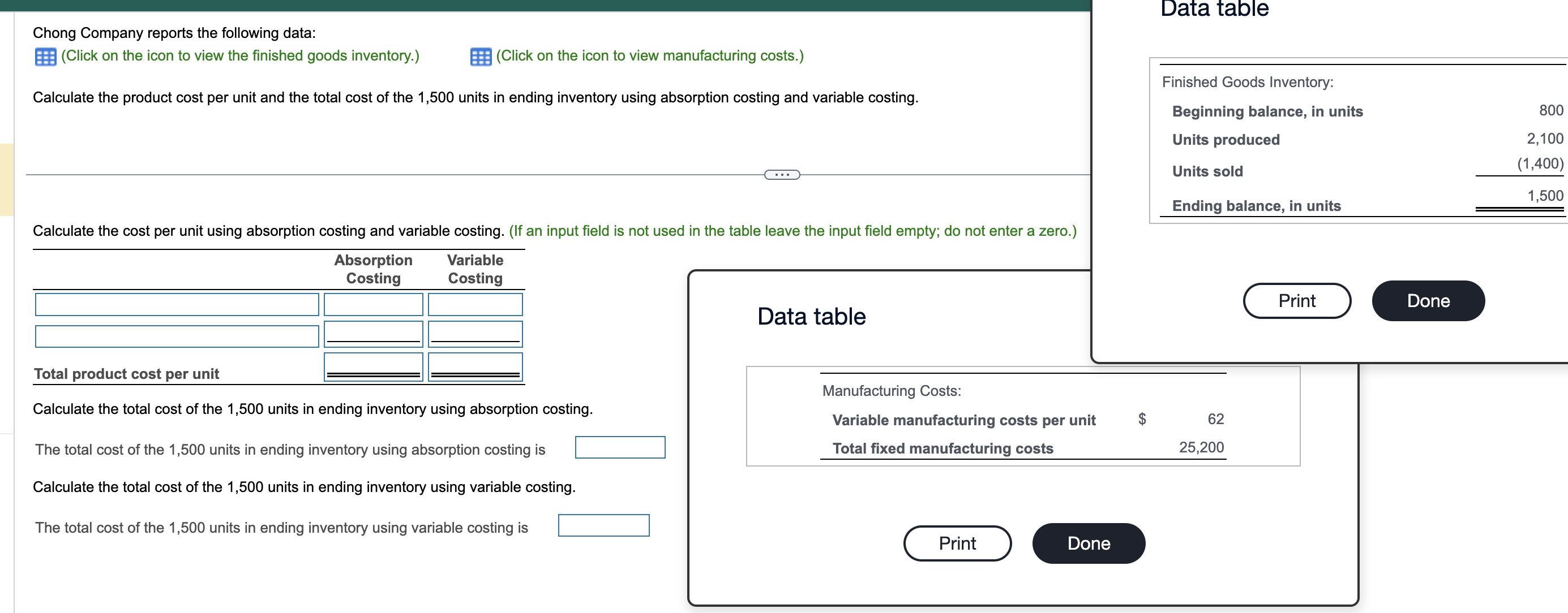 Solved Chong Company reports the following data: (Click on | Chegg.com