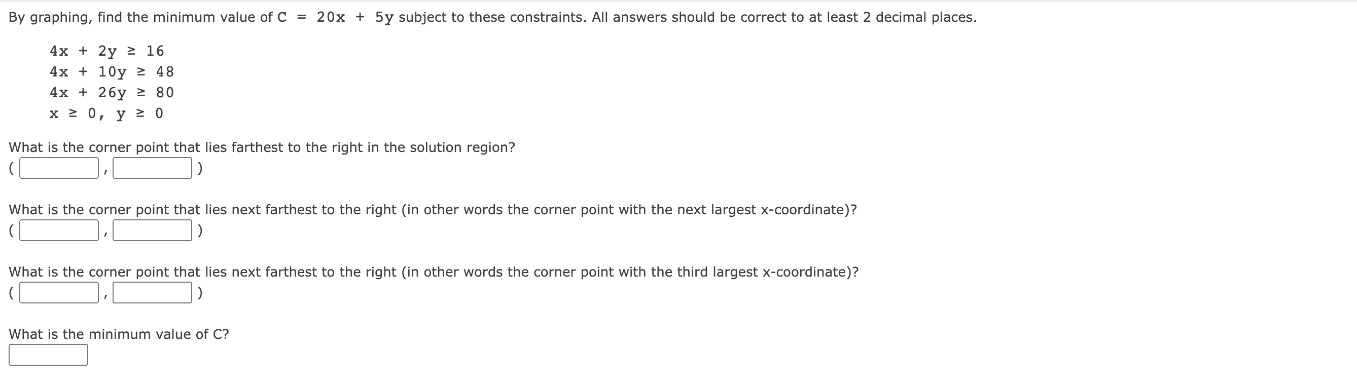 Solved By graphing, find the minimum value of C=20x+5y | Chegg.com