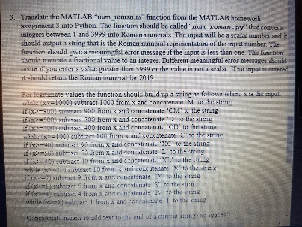 Solved 3. Translate the MATLAB "num roman m" function from | Chegg.com