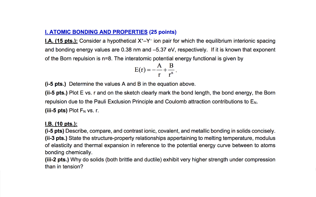 Solved I.A. (15 pts.): Consider a hypothetical X+−Y−ion pair | Chegg.com