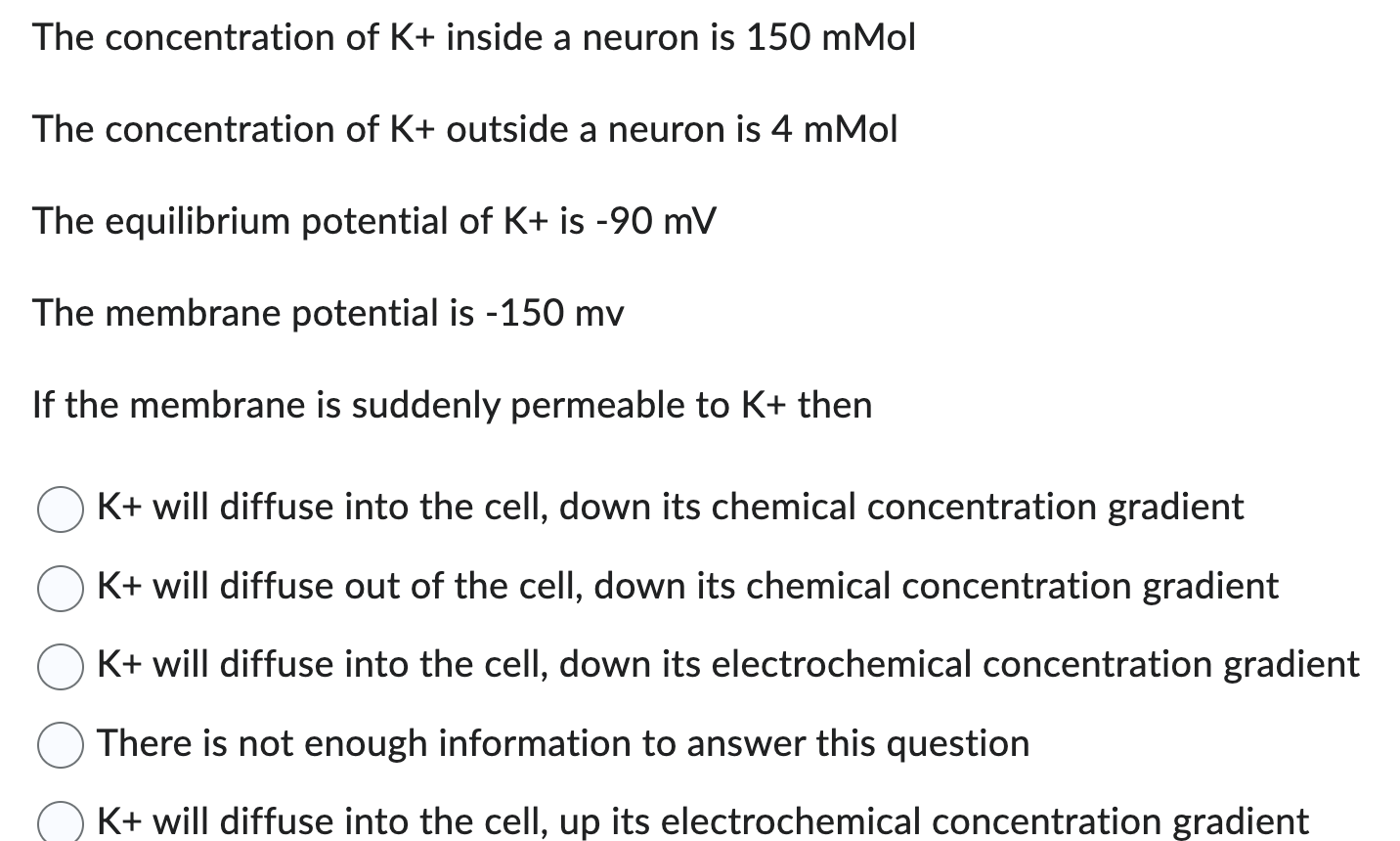 Solved The concentration of K+ inside a neuron is 150mMol | Chegg.com