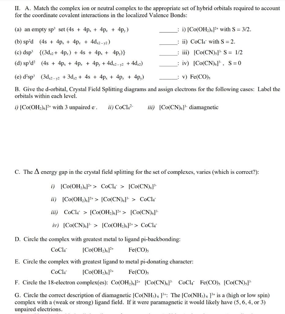Solved II. A. Match the complex ion or neutral complex to | Chegg.com