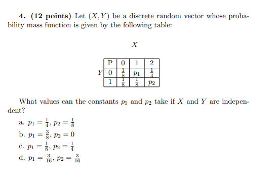 Solved 4. (12 points) Let (X,Y) be a discrete random vector | Chegg.com