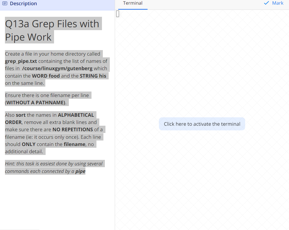 Solved O Description Terminal Mark Q13a Grep Files with Pipe | Chegg.com