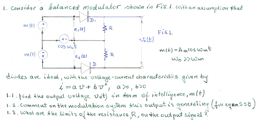 Solved 1. Consider a balanced modulator shocon in Fig.4. | Chegg.com