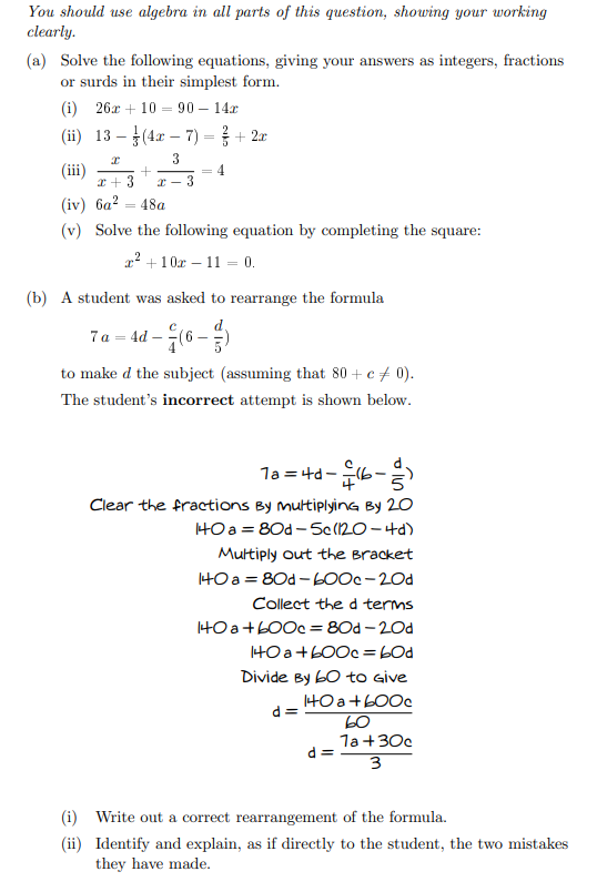 Solved You should use algebra in all parts of this question, | Chegg.com