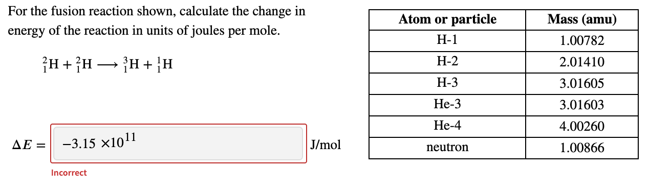 Solved For the fusion reaction shown, calculate the change | Chegg.com