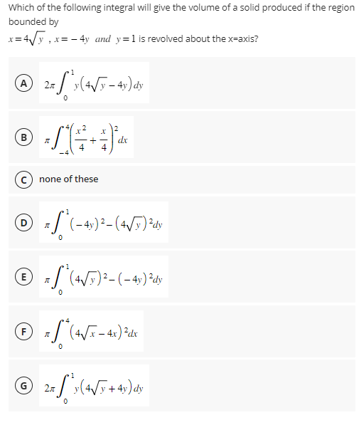 Solved Which of the following integral will give the volume | Chegg.com