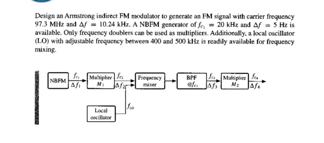 Solved Design an Armstrong indirect FM modulator to generate | Chegg.com Solved Design an Armstrong indirect FM modulator to generate | Chegg.com