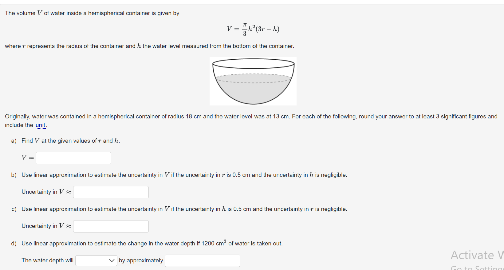 Solved The volume V of water inside a hemispherical | Chegg.com