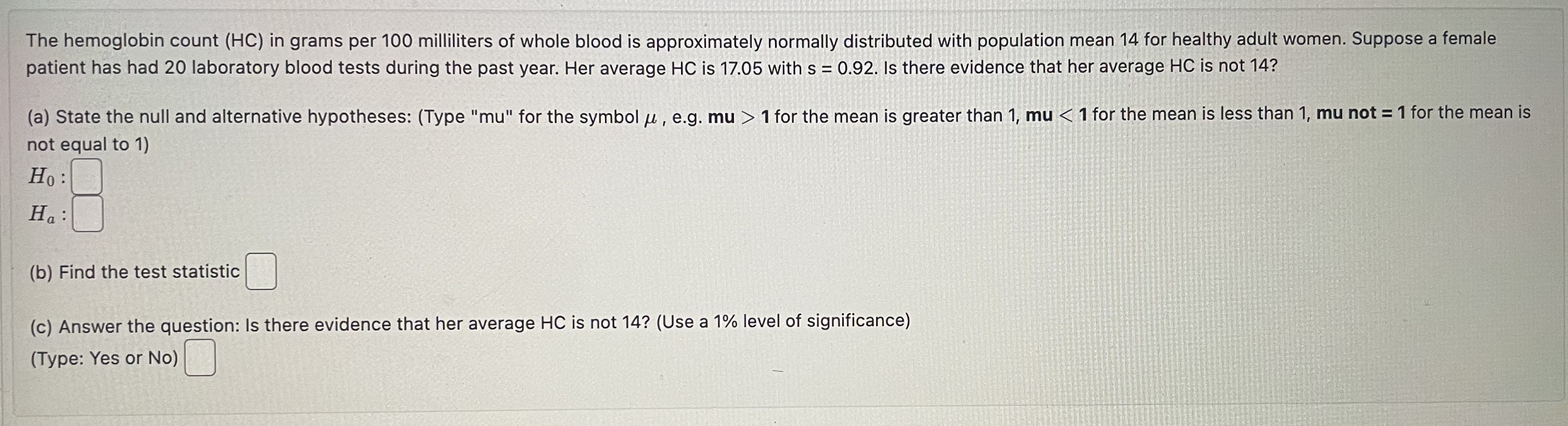 Solved The hemoglobin count (HC) in grams per 100 | Chegg.com