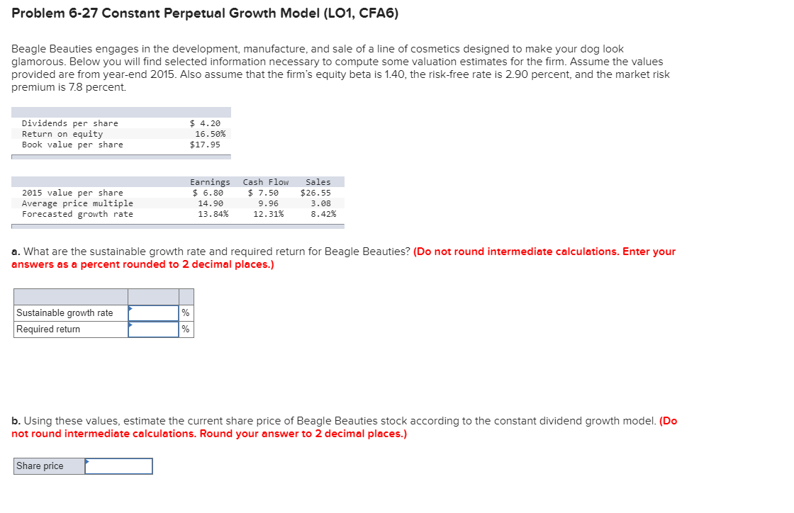 Solved Problem 6-27 Constant Perpetual Growth Model (LO1, | Chegg.com