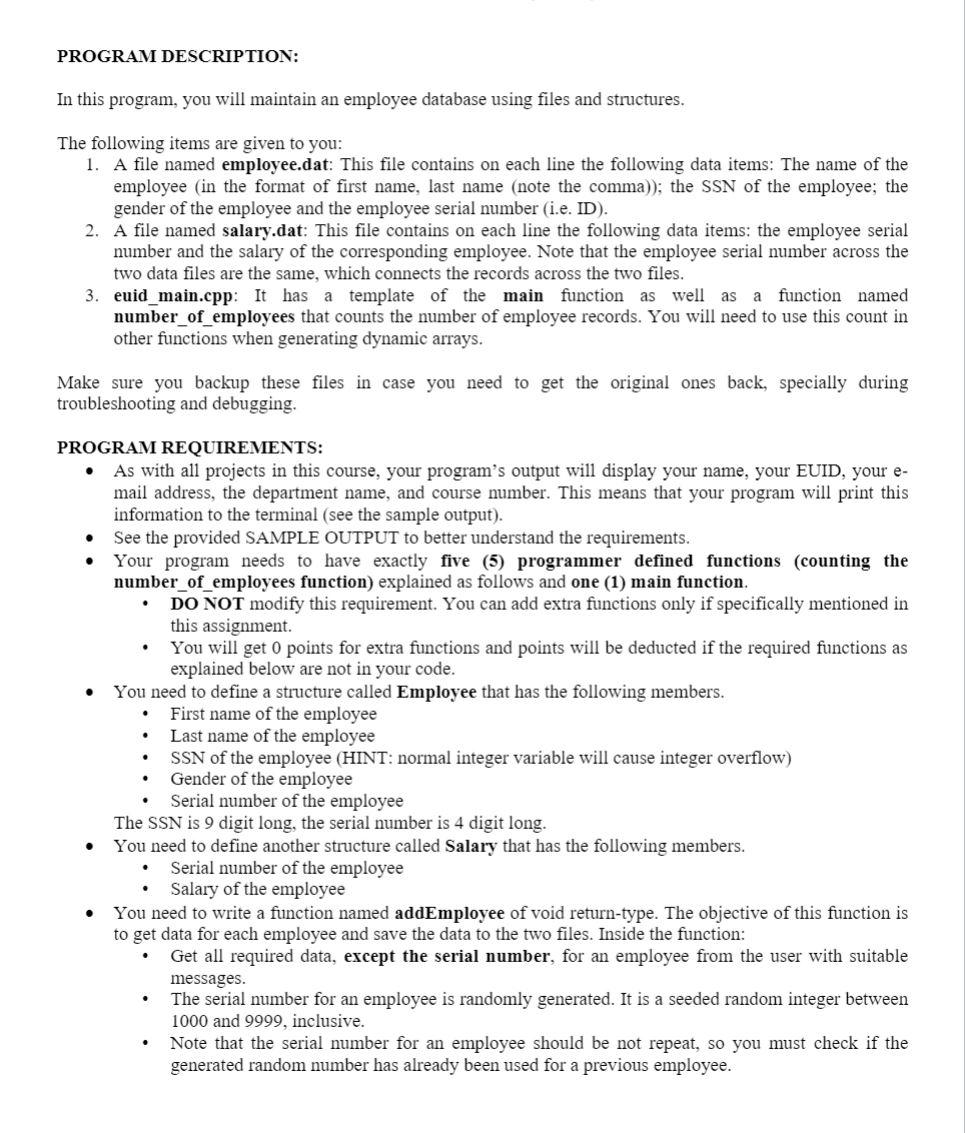 Solved PROGRAM DESCRIPTION: In this program, you will | Chegg.com