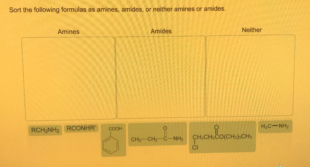 Solved Sort the following formulas as amines, amides, or | Chegg.com