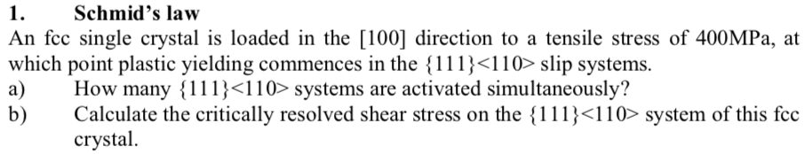 Solved 1. Schmid's law An fcc single crystal is loaded in | Chegg.com