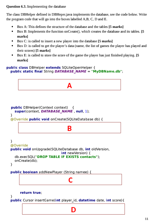 Solved Question 6.3. Implementing the database The class | Chegg.com