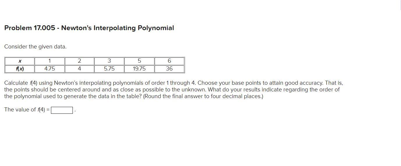 Solved Problem 17.005 - Newton's Interpolating Polynomial | Chegg.com